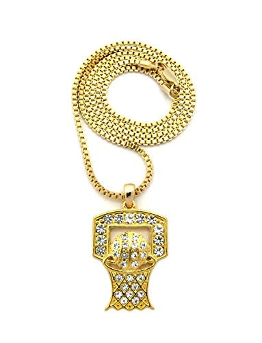 Stone Stud Basketball Net Pendant w/ 2mm 24" Box Chain Necklace in Gol ...