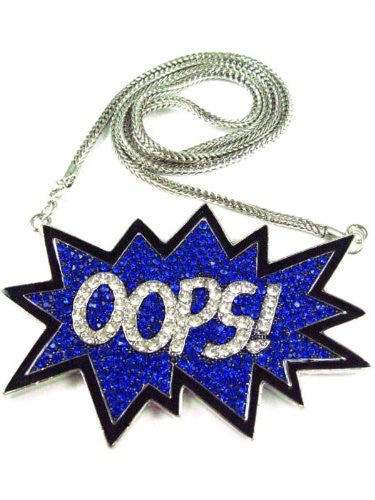 Iced Out Blue "OOPS!" Pendant w/36" Franco Chain in Silver-Tone ...
