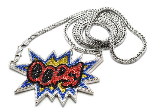 Iced Out OOPS! Red/Blue Silver Tone Pendant w/ 4mm 36" Franco Chain MP ...