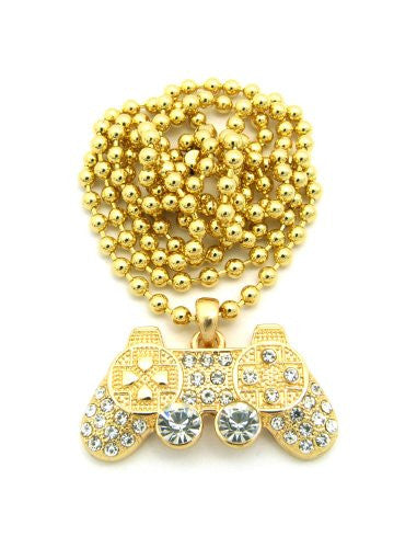 Iced Out Game Controller Micro Pendant w/ 27" Ball Chain - Gold Tone X ...