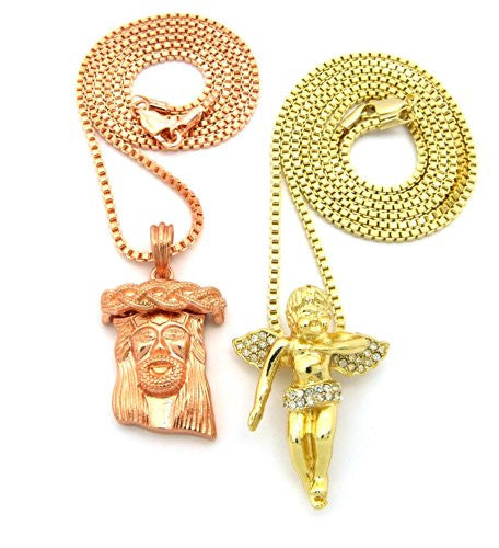 Pave Angel & Solid Jesus Micro Pendants w/ Box Chains - Two Tone Gold ...