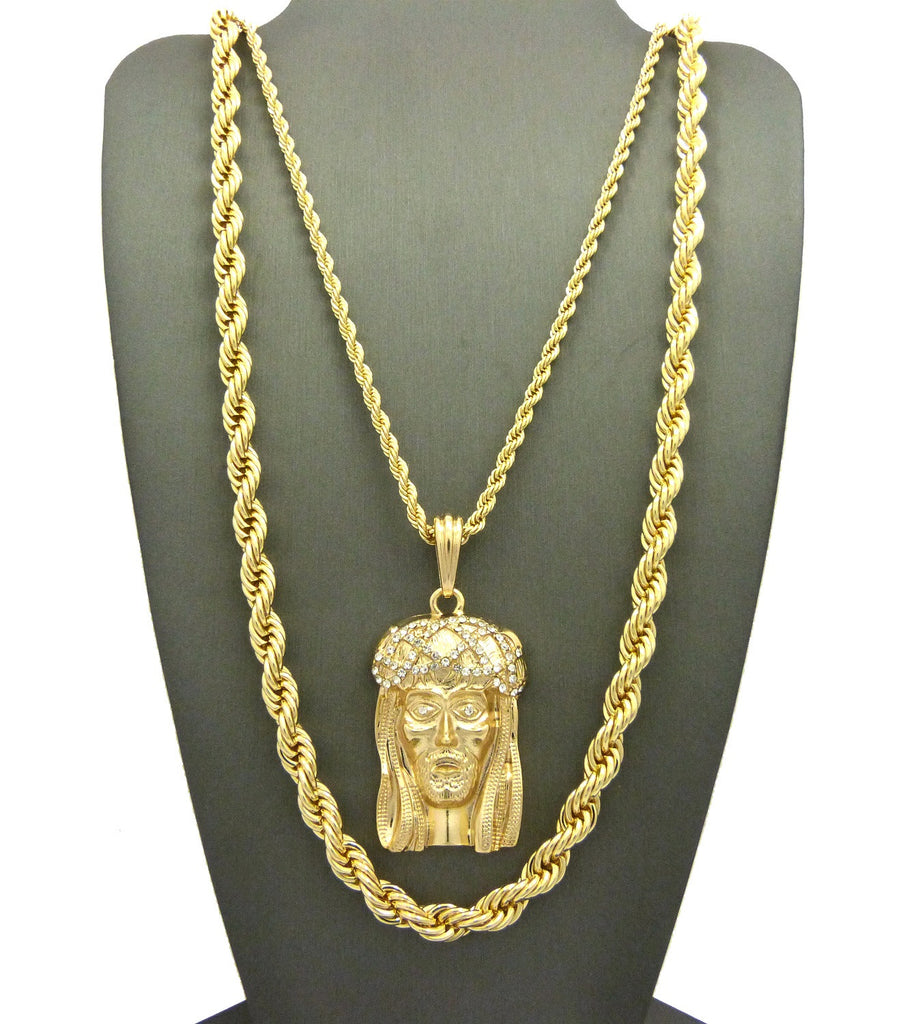 Pendant with 3mm 24" Rope Chain and 6mm 30" Rope Chain Necklace in Gol ...