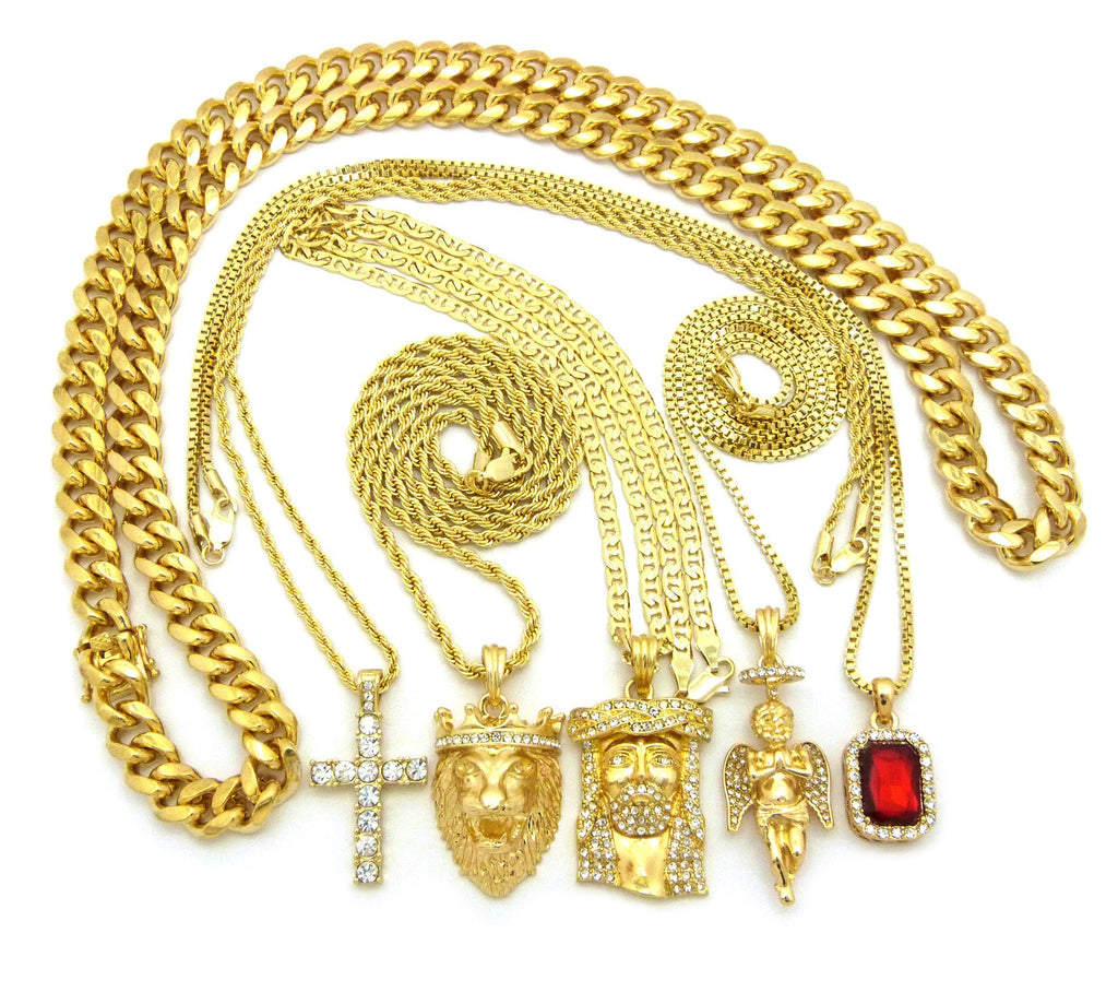 Hip-Hop Jewelry 5 Piece Pendant Set w/ Various Chain Necklaces in Gold ...