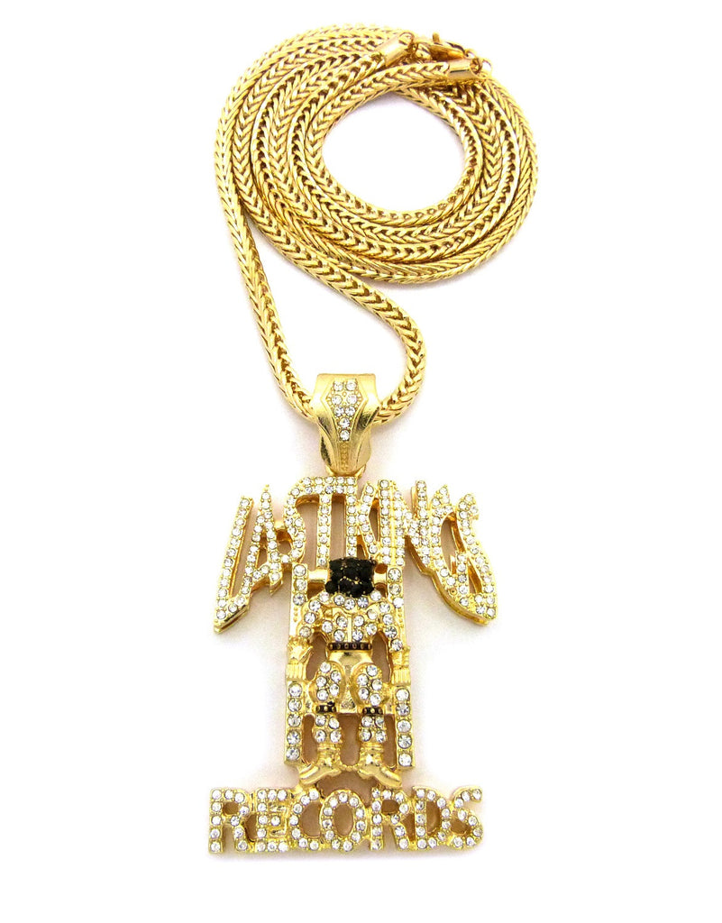 Stone Stud Last Kings Record Label Pendant w/ Chain Necklace – NYFASHION101
