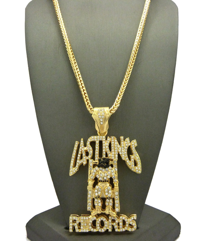 Stone Stud Last Kings Record Label Pendant w/ Chain Necklace – NYFASHION101